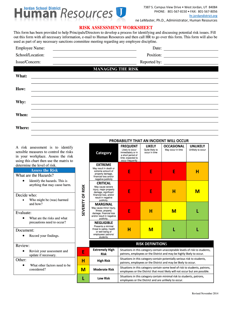 Fillable Online RISK ASSESSMENT WORKSHEET - Jordan School District ...