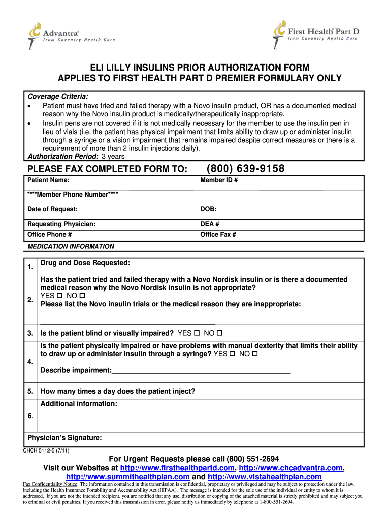 Fillable Online B2011b Eli Lilly Insulins Prior Authorization Fax ...