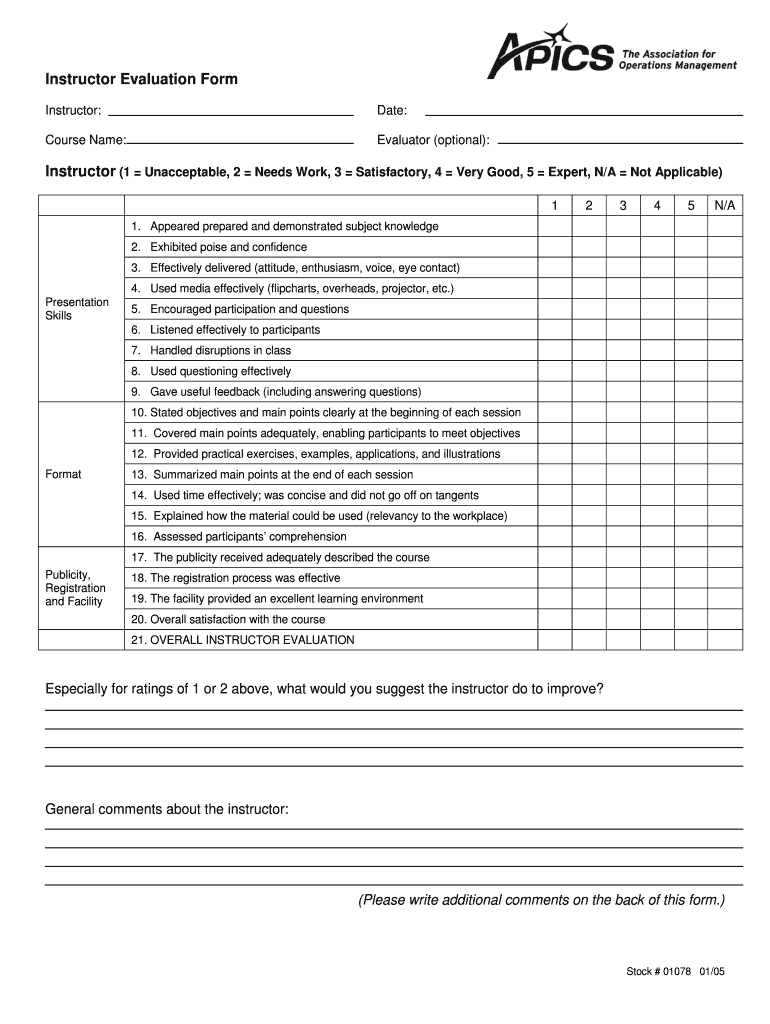 Fillable Online Instructor Evaluation Form 01078 rev 01-05doc Fax Email Print - pdfFiller