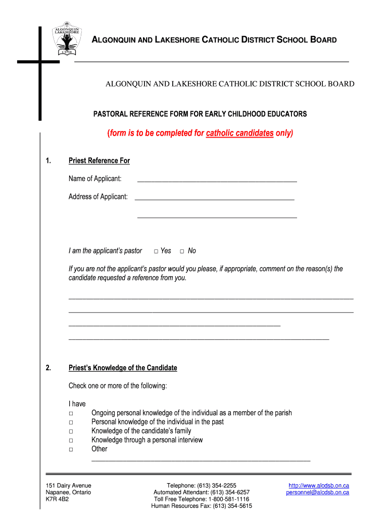Fillable Online PASTORAL REFERENCE FORM FOR EARLY CHILDHOOD EDUCATORS Fax Email Print - pdfFiller