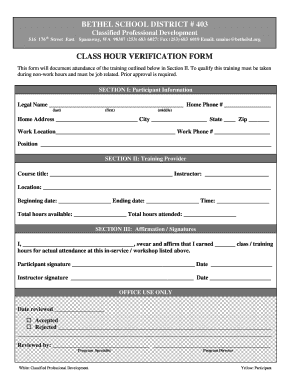 Fillable Online staff bethelsd CLASS HOUR VERIFICATION FORM - bethelsd ...