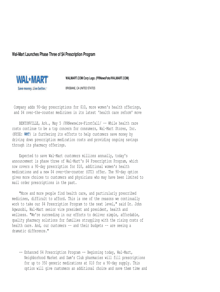 Fillable Online Wal-Mart Launches Phase Three of 4 Prescription Program ...