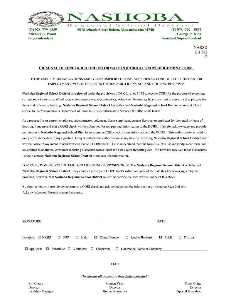 Fillable Online burbank nrsd CORI Form - Luther Burbank Middle School - Nashoba Regional ...