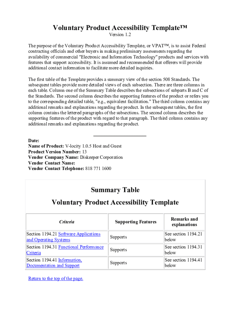 Fillable Online V-locity 508 VPAT Form.doc Fax Email Print - pdfFiller