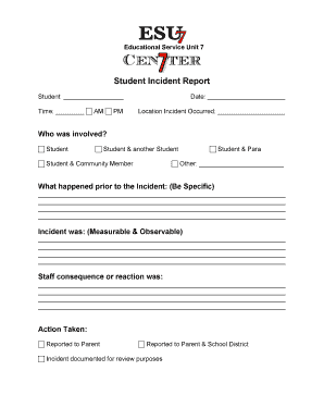 Fillable Online ww2 esu7 Student Incident Report - Educational Service ...