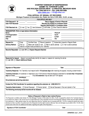 Fillable Online FOIA APPEAL OF DENIAL OF RECORDS Michigan Freedom of ...