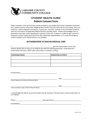 Fillable Online lccc wy TM STUDENT HEALTH CLINIC Patient Consent Form ...