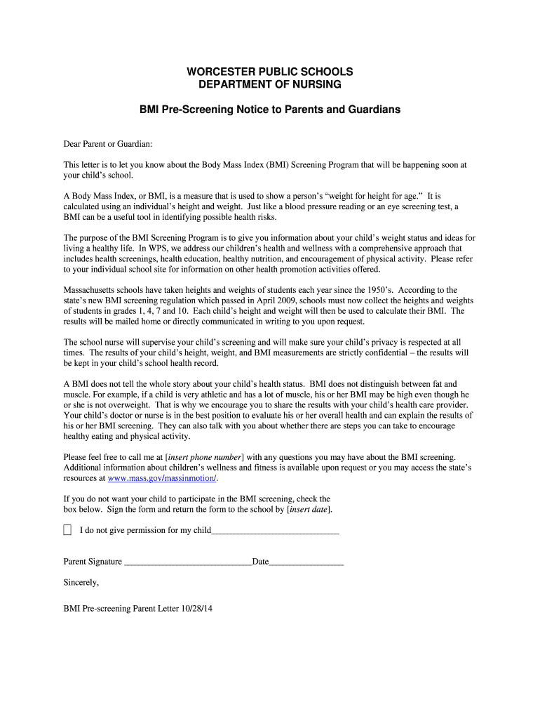 Fillable Online BMI Pre-Screening Notice to Parents and Guardians Fax Email Print - pdfFiller