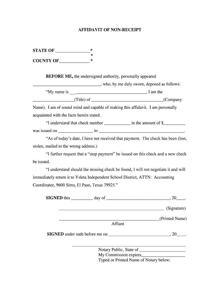 Fillable Online Affidavit of non-receipt - Ysleta Independent School ...