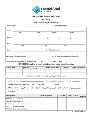 Fillable Online coastalbend Dental Hygiene Application Form Fall 2016 ...