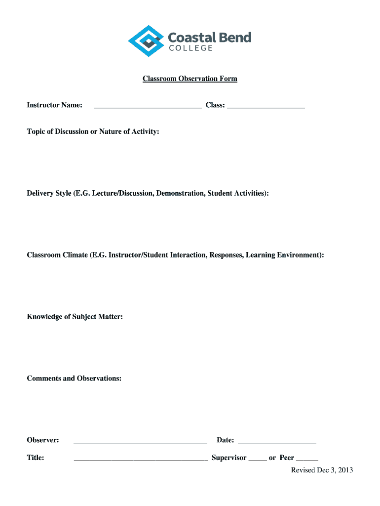Fillable Online coastalbend Classroom Observation Form Instructor Name Class - coastalbend Fax ...