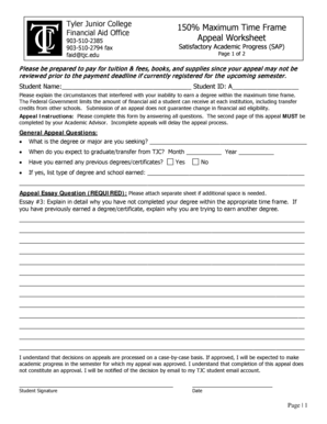 Fillable Online Tyler Junior College 150 Maximum Time Frame Appeal Worksheet Fax Email Print ...