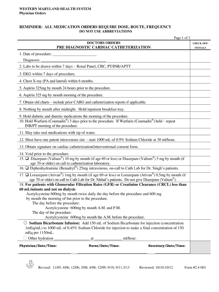 Fillable Online PRE DIAGNOSTIC CARDIAC CATHETERIZATION Fax Email Print ...