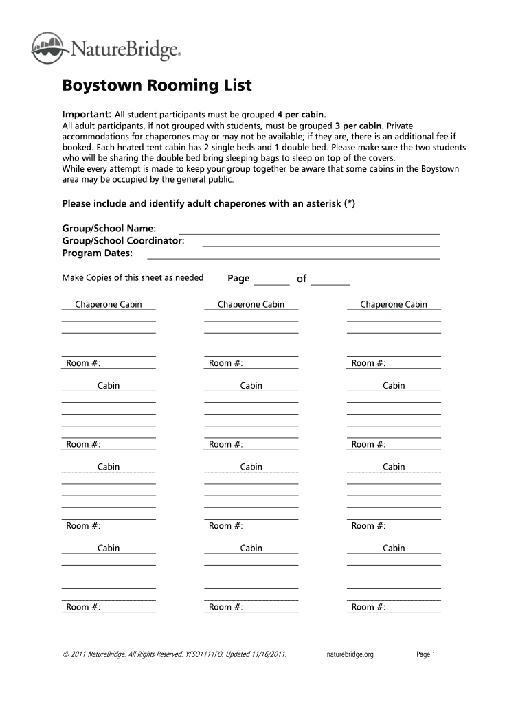 Fillable Online naturebridge Boystown Rooming List - NatureBridge Fax ...
