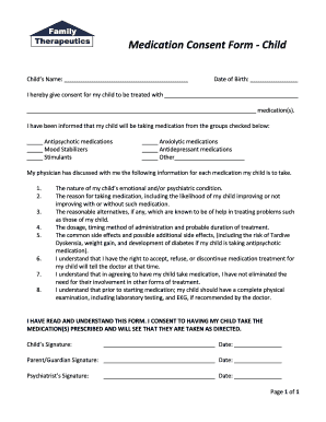 Fillable Online Medication Consent Form - Child - Family Therapeutics ...
