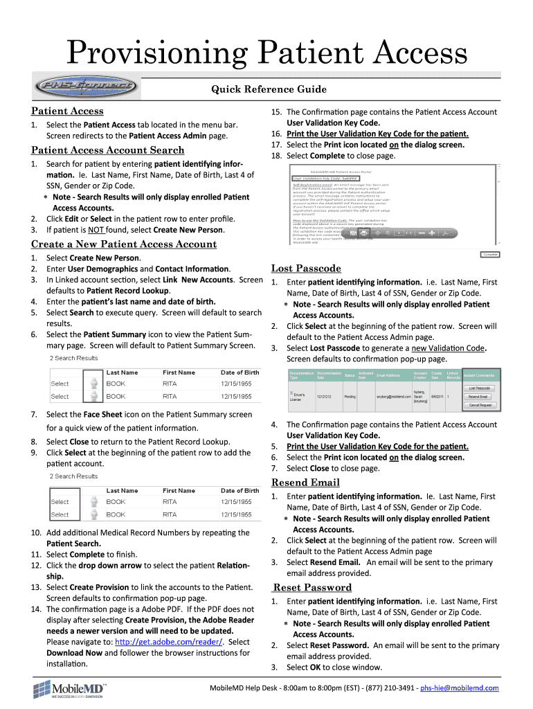 Fillable Online phsconnect Provisioning Patient Access - phsconnect Fax ...