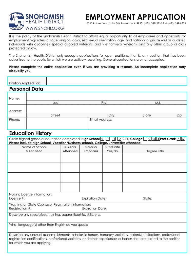 Fillable Online snohd Application for Employment - Snohomish Health District Fax Email Print ...