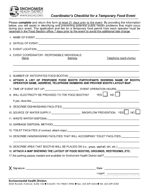 Fillable Online snohd Coordinatiors Checklist for a Temporary Food ...