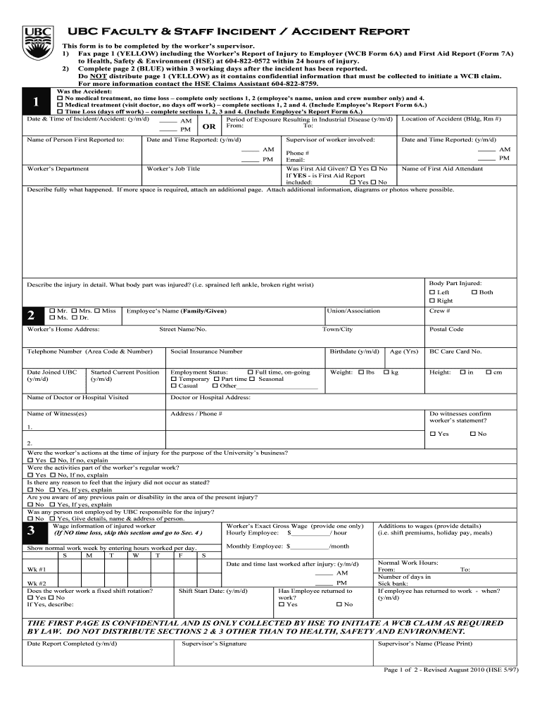Fillable Online hr ubc UBC Incident Accident Form faculty and staff Fax ...