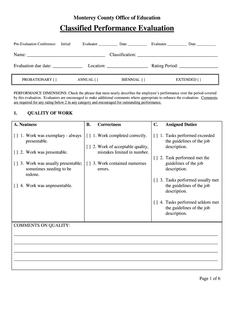 Fillable Online montereycoe Classified Performance Evaluation ...