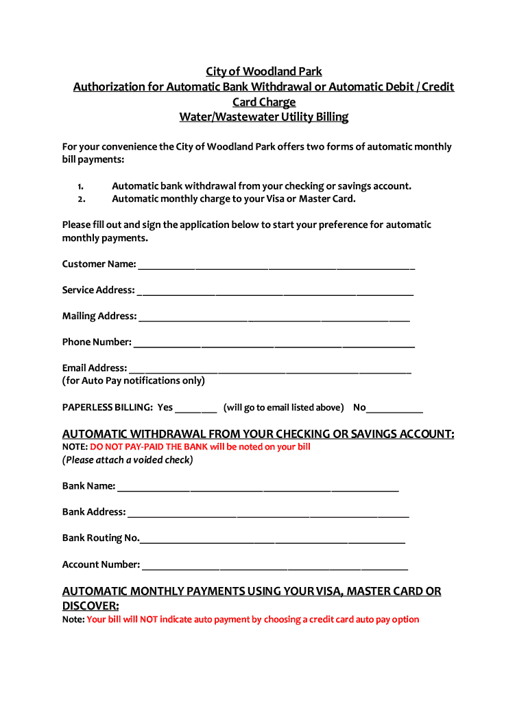 Fillable Online Authorization for Automatic Bank Withdrawal or ...