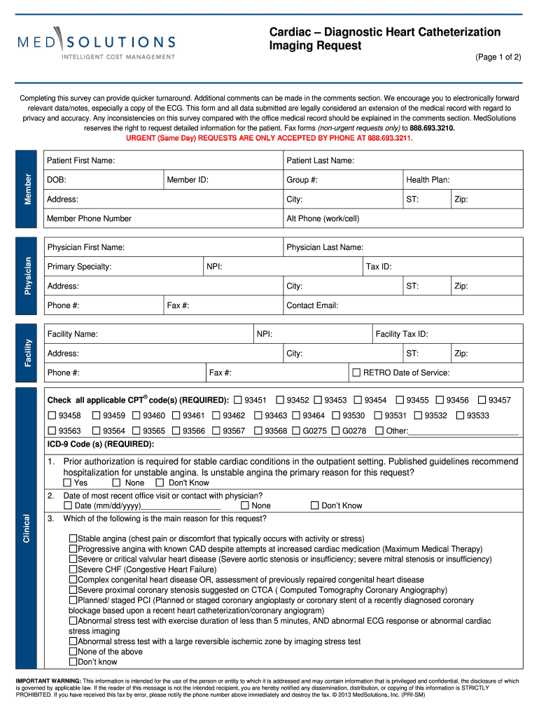 Fillable Online Cardiac Diagnostic Heart Catheterization Imaging ...