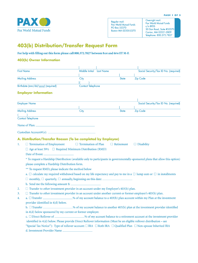 Fillable Online 403b DistributionTransfer Request Form - PAX World Fax ...