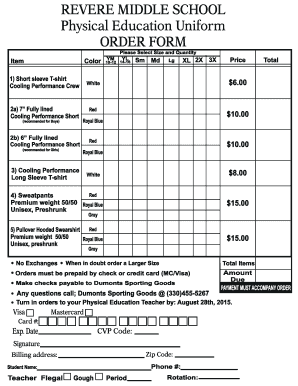 Fillable Online REVERE MIDDLE SCHOOL Physical Education Uniform ORDER ...