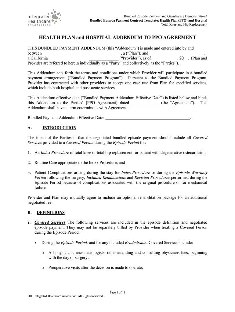 Fillable Online iha HEALTH PLAN and HOSPITAL ADDENDUM TO PPO AGREEMENT ...