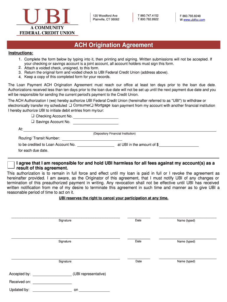 Fillable Online ACH Origination Agreement - UBI A Community Federal ...