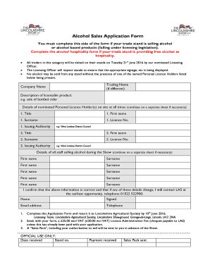 Fillable Online Alcohol Sales Application Form - Lincolnshire Show Fax ...