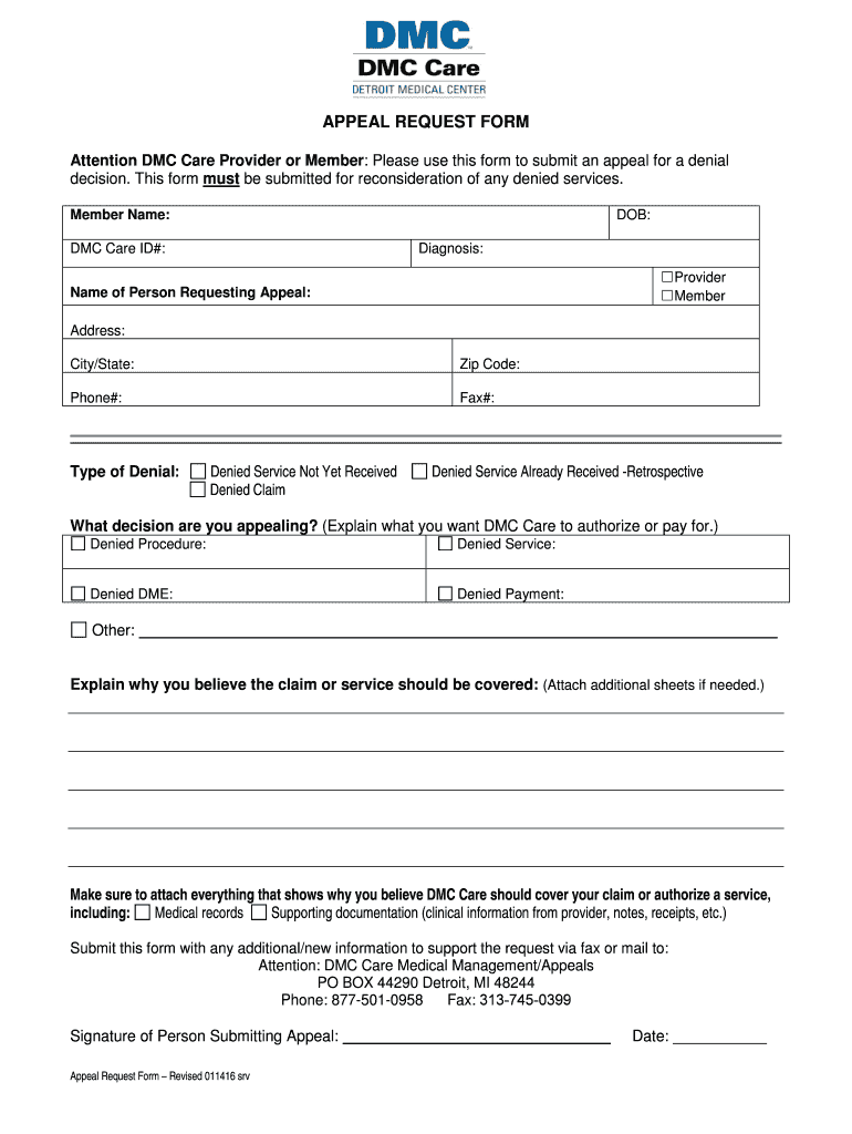 Fillable Online dmc-care APPEAL REQUEST FORM - DMC Care Fax Email Print ...