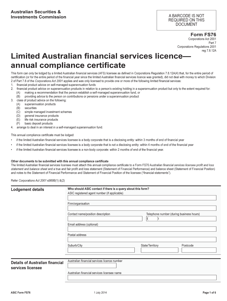 AU ASIC FS76 Form - Fill Online, Printable, Fillable, Blank - pdfFiller