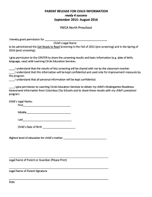 Fillable Online ymcacolumbus PARENT RELEASE FOR CHILD INFORMATION ...