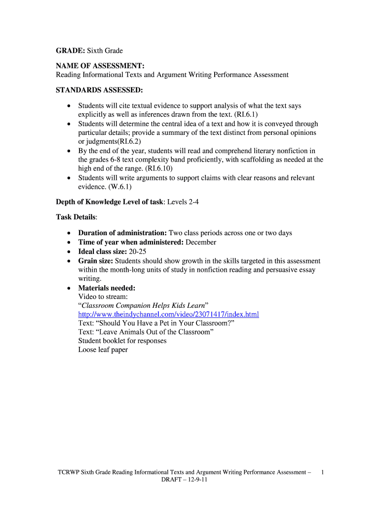 Fillable Online GRADE Sixth Grade - Reading and Writing Project Fax ...