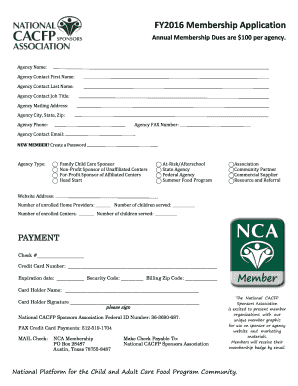 Fillable Online cacfp FY2016 Membership Application - The National ...