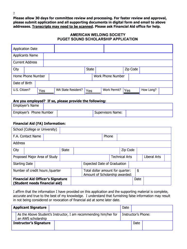 Fillable Online awssection PUGET SOUND SCHOLARSHIP APPLICATION Fax Email Print - pdfFiller