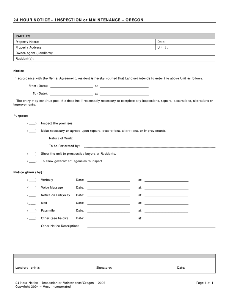Fillable Online 24 HOUR NOTICE INSPECTION or MAINTENANCE OREGON Fax Email Print - pdfFiller