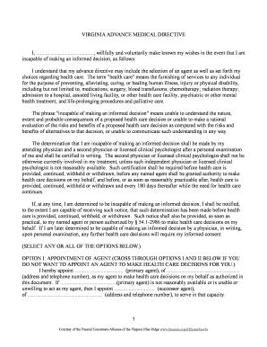 Fillable Online funerals VIRGINIA ADVANCE MEDICAL DIRECTIVE - funerals ...