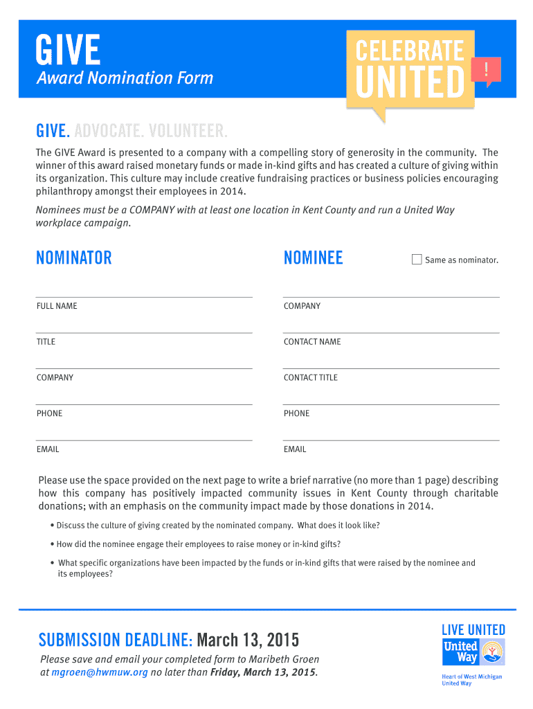 Fillable Online hwmuw The GIVE Award is presented to a company with a ...