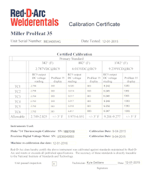 Fillable Online Calibration Certificate Miller ProHeat 35 Unit Serial ...