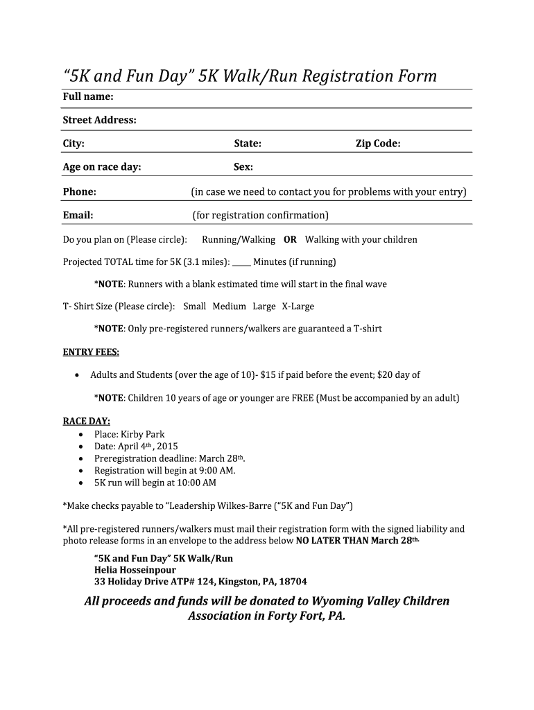 Fillable Online 5K and Fun Day 5K WalkRun Registration Form Fax Email ...