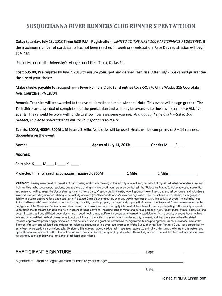 Fillable Online SUSQUEHANNA RIVER RUNNERS CLUB RUNNERS PENTATHLON Fax ...