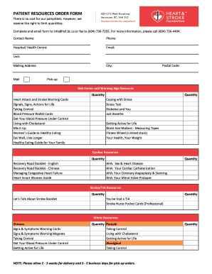 Fillable Online PATIENT RESOURCES ORDER FORM - bheartandstrokebccab Fax ...