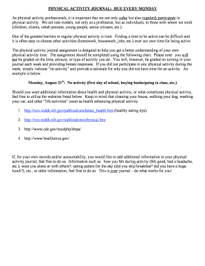 Fillable Online PHYSICAL ACTIVITY JOURNAL: DUE EVERY MONDAY Fax Email ...