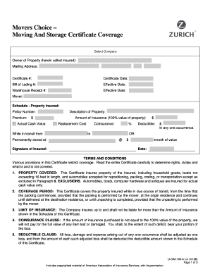 Fillable Online Movers ChoiceMoving And Storage Certificate Coverage ...