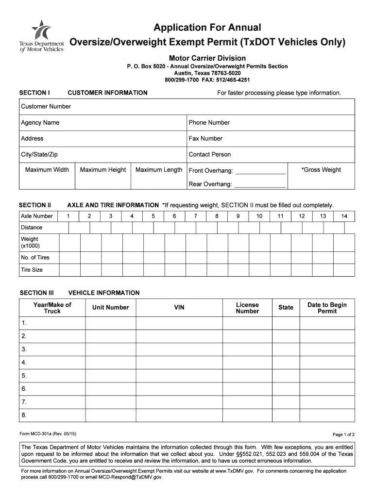 Fillable Online dmv tx Application For Annual OversizeOverweight Exempt ...