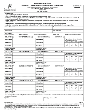 Fillable Online dmv tx Vehicle Change Form Deletion Out of Service ...