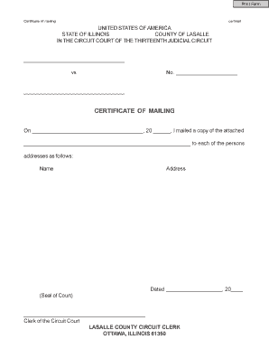 Fillable Online CERTIFICATE OF MAILING - wplasallecountycom Fax Email ...