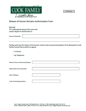 Fillable Online Release of Human Remains Authorization Form - Cook ...